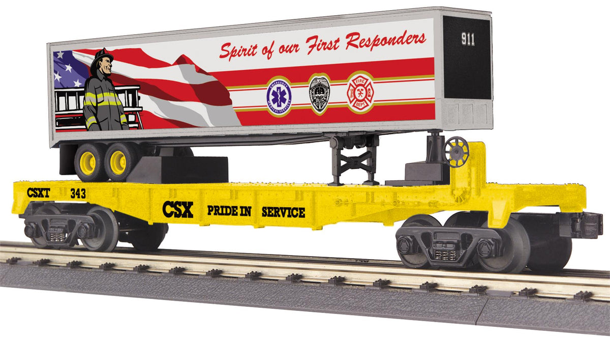 MTH Railking 30-76832 CSX Flat Car w/40' Trailer First Responders O SC