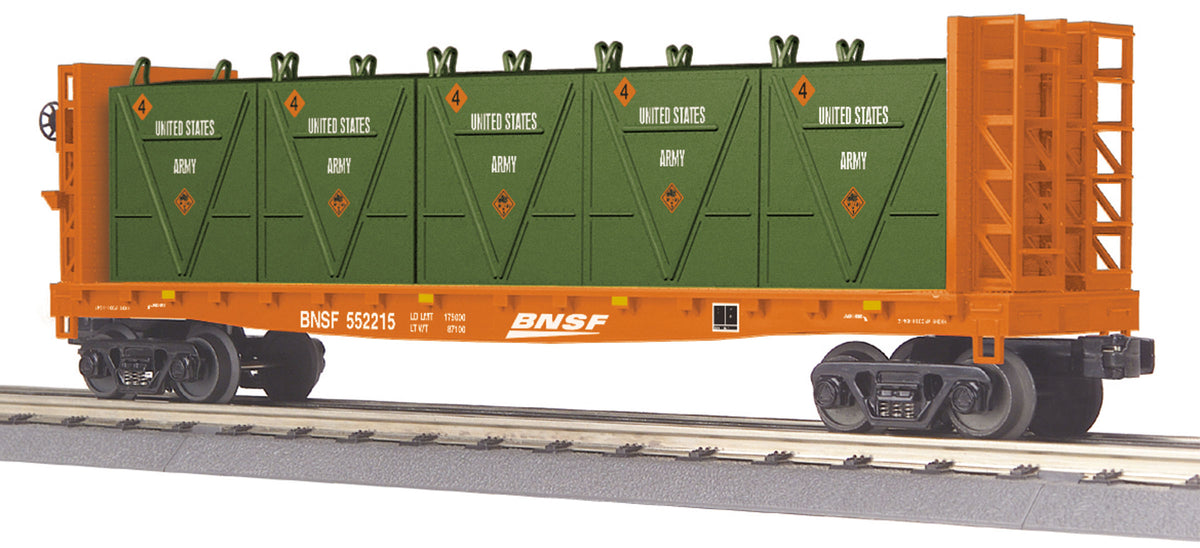 MTH 30-76604 BNSF Flat Car - w/Bulkheads & LCL Containers - Car No. 55