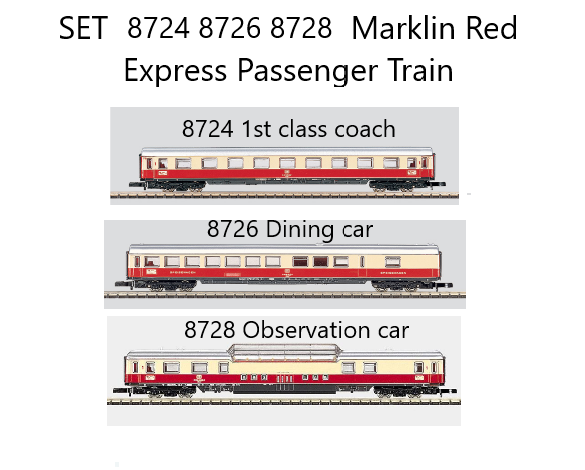 Marklin 8724 8726 8728 SET Red Express Train Passenger Cars Z SCALE (1